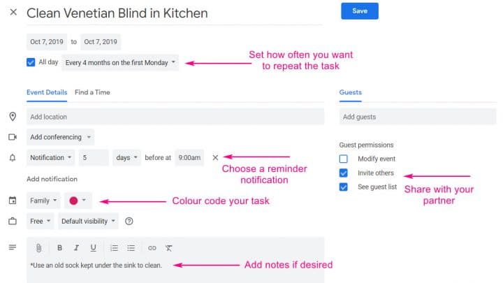 Google Calendar Cleaning Schedule and Home Maintenance Schedule